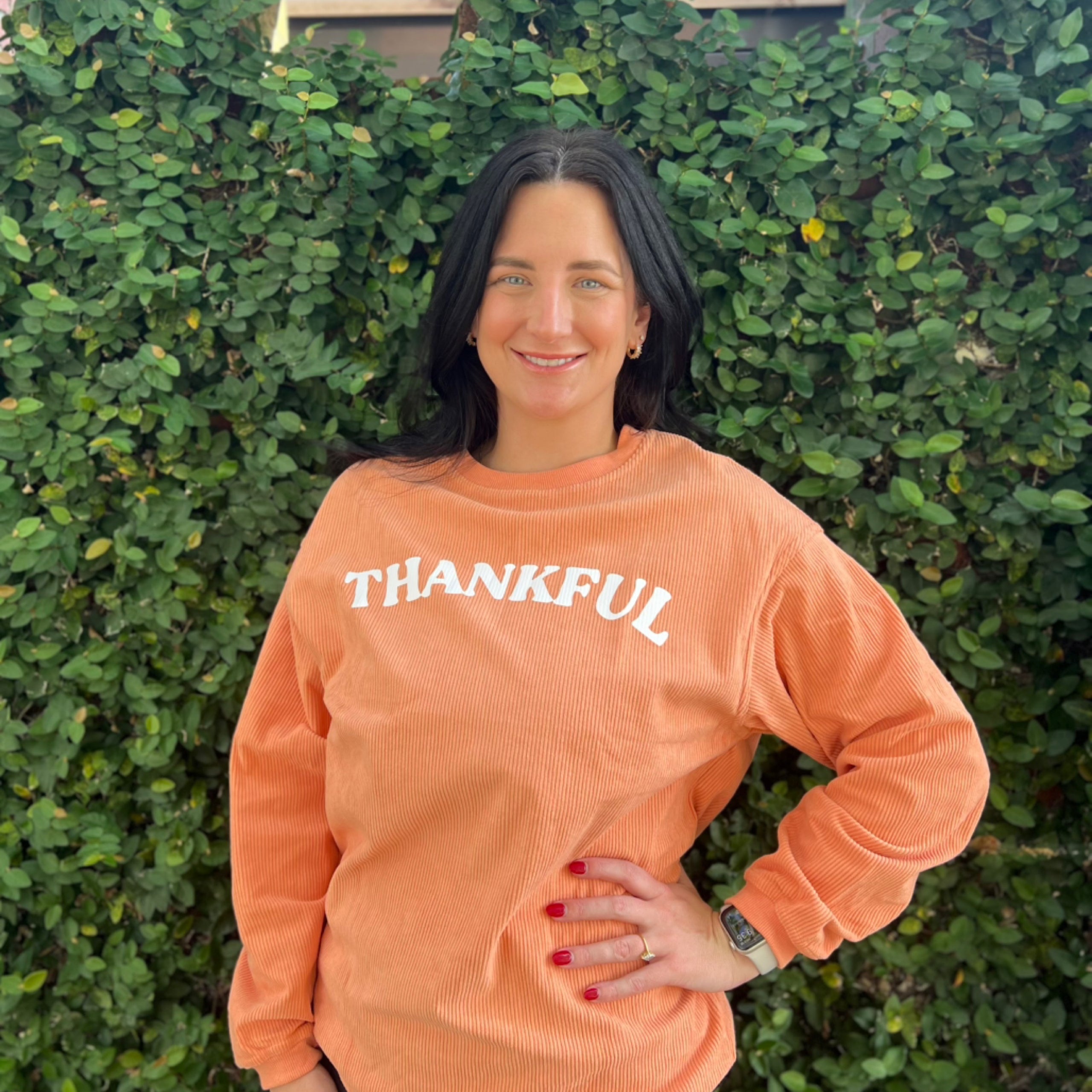 Orange THANKFUL Letter Graphic Corded Sweatshirt | Lizzy Lane Boutique